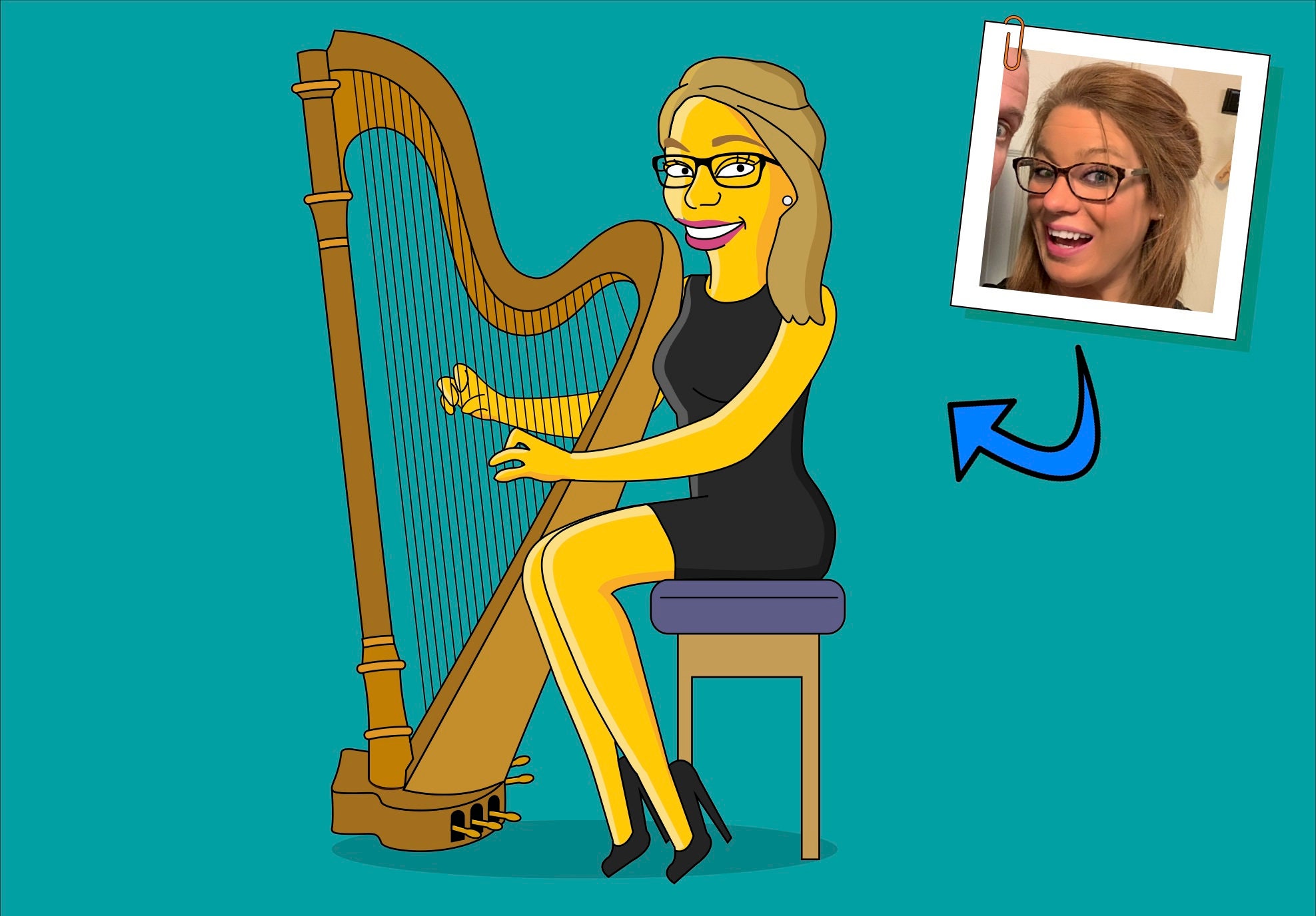 Harp Player Gift Portrait as Cartoon Character / Harp Art / | Etsy