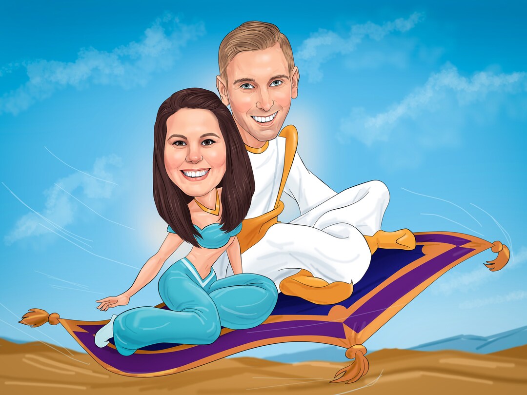Aladdin and Jasmine Custom Cartoon Portrait From Photo, Aladdin and ...