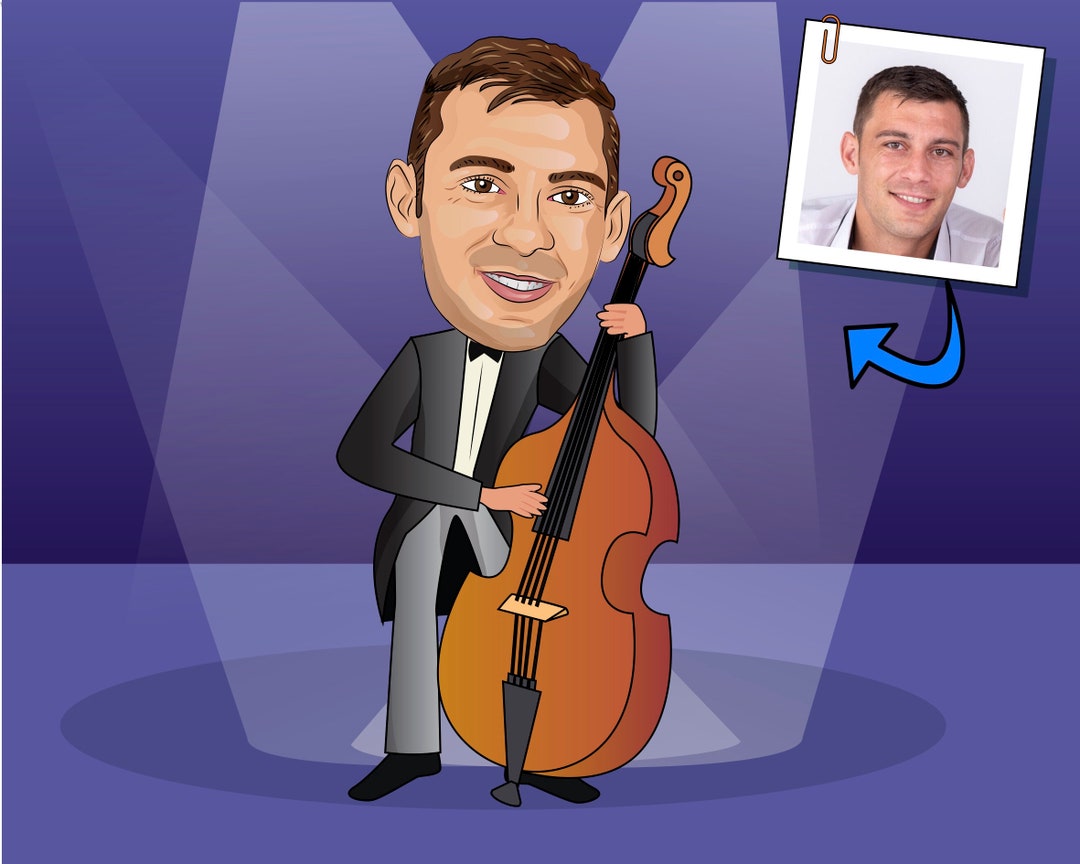 Upright Bass Player Gift - Custom Cartoon Portrait / Double Bass Player ...