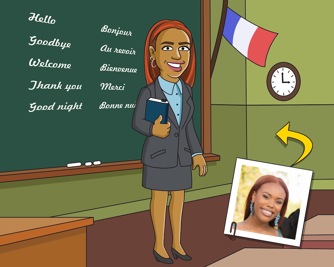 French Teacher Gift - Custom Portrait From Photo as Cartoon Character ...