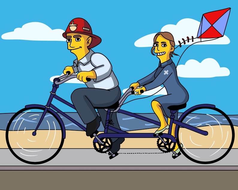 Tandem Bike Couple Portrait as Cartoon Characters on a - Etsy