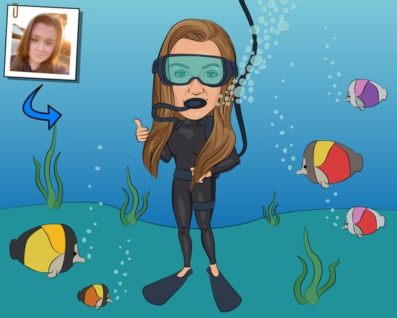 Scuba Diver Gift Custom Caricature Portrait From Your Photo | Etsy