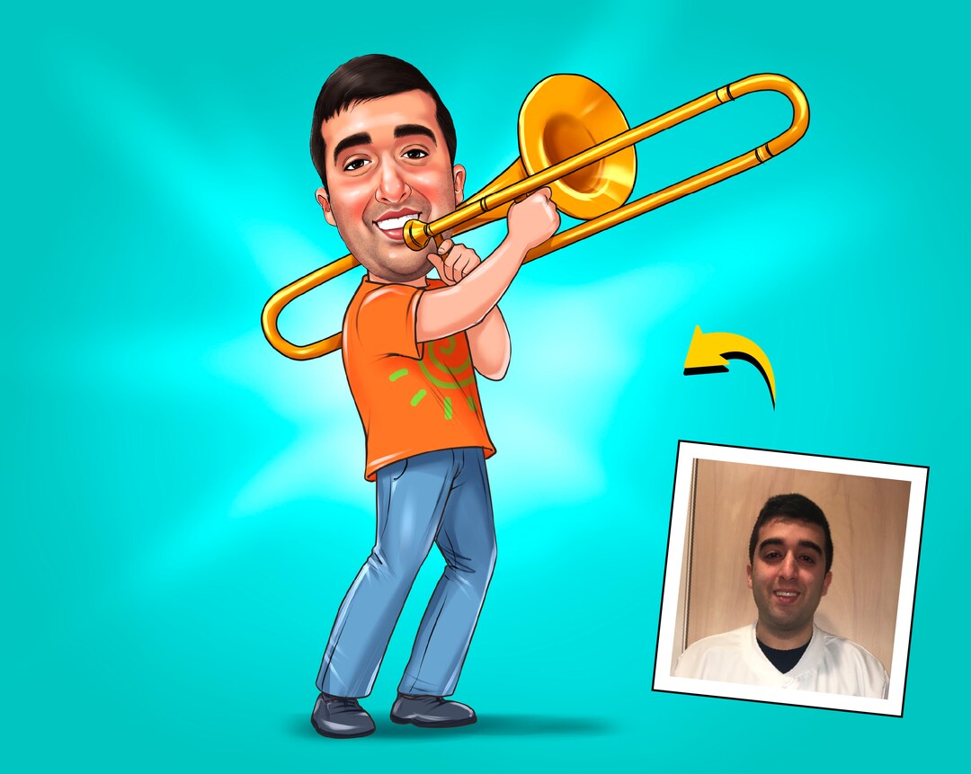 Custom Trombone Player Caricature Portrait: Trombonist Gift (digital ...