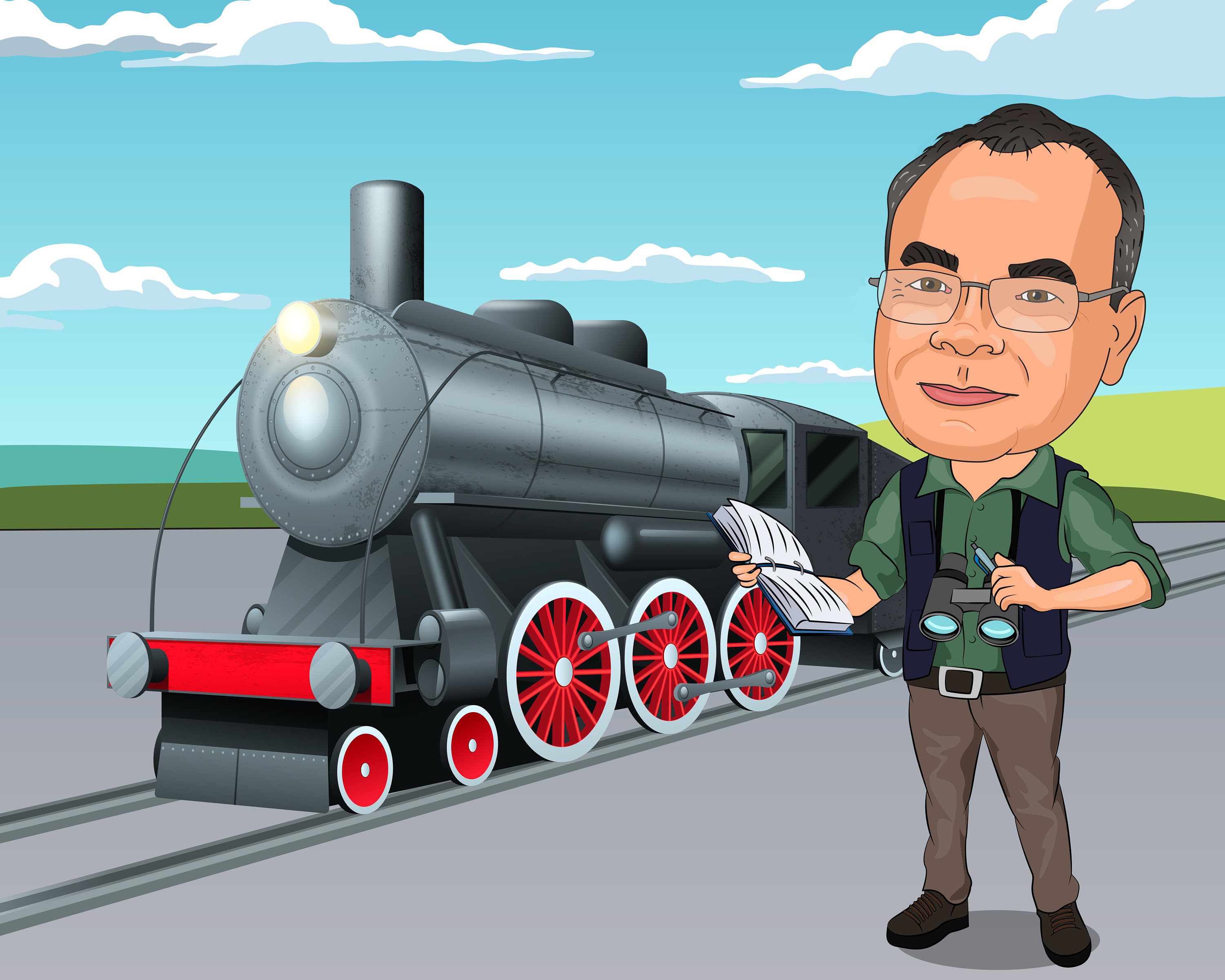 Train Spotter Gift - Custom Caricature Portrait From Your Photo, Train ...