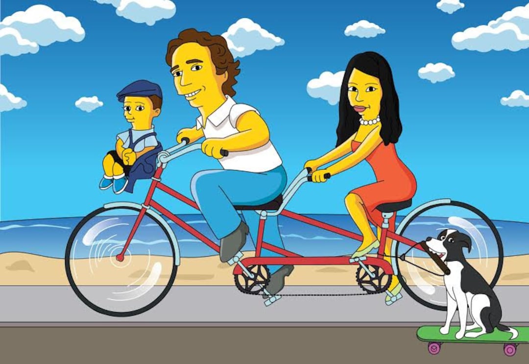 Tandem Bike - Couple Portrait as Cartoon Characters on a Tandem Bicycle ...