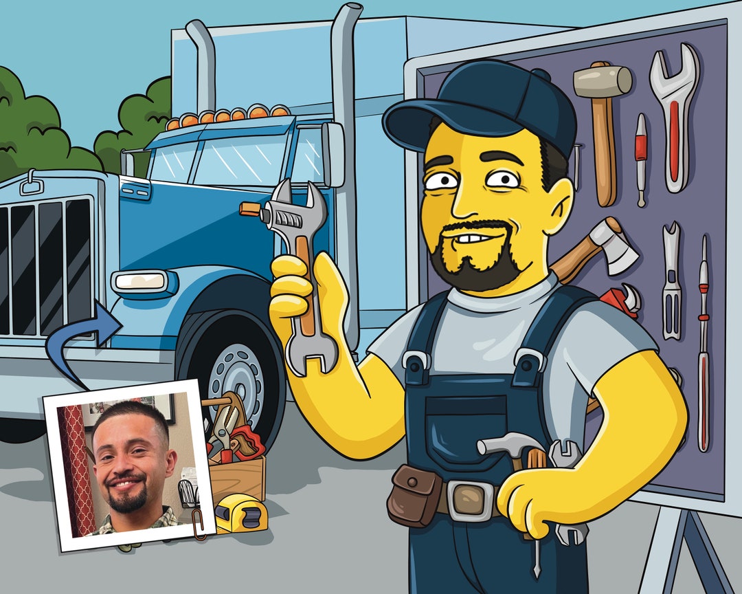 Custom Truck Mechanic Portrait: Yellow Cartoon Character Gift (digital ...