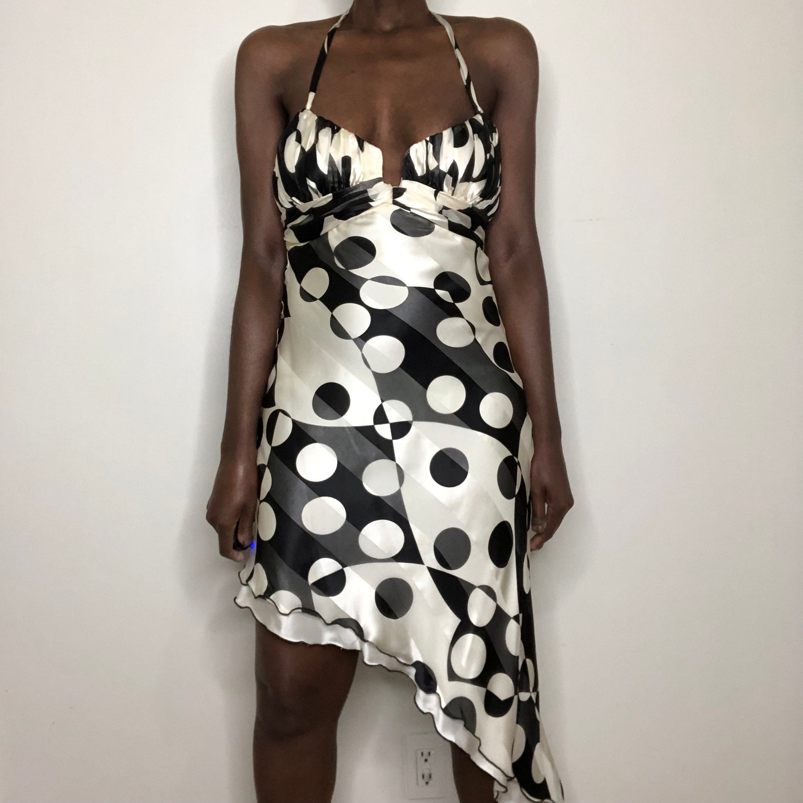 Vintage Y2K Ginger & Java Silk Chiffon Optical Dots Asymmetric Halter ...