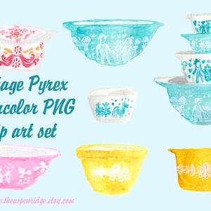 Vintage Pyrex Bowl Watercolor PNG Clip Art Set of 7 Files, Butterprint ...