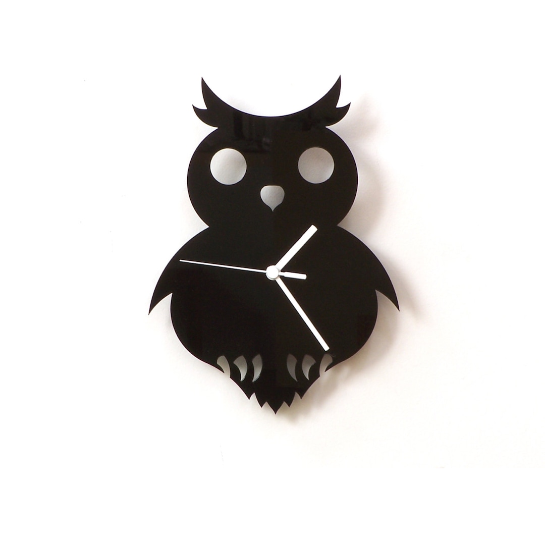 Owl With Big Eyes - Black Acrylic Wall Clock, Bird Silhouette Clock ...