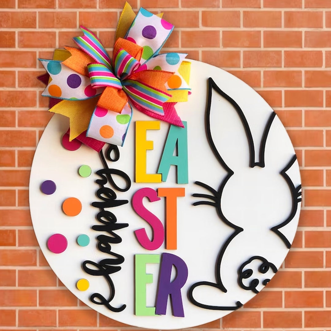 Happy Easter Door Hanger, Front Door Decor, Bunny Easter Wreath, Front ...