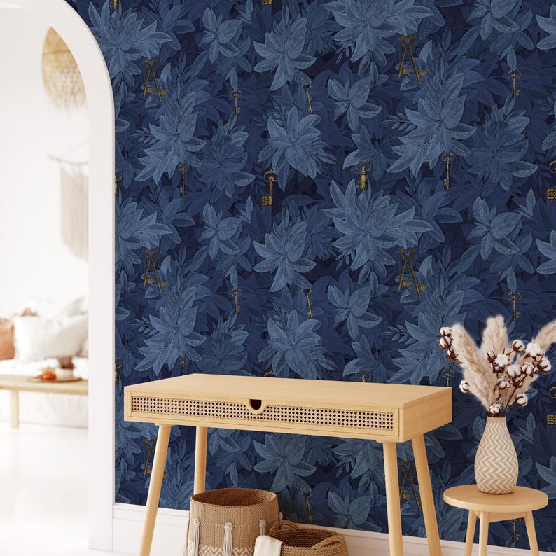 Blue Ivy Leaves Wallpaper With Gold Keys, Dark Hedge Wall Mural ...