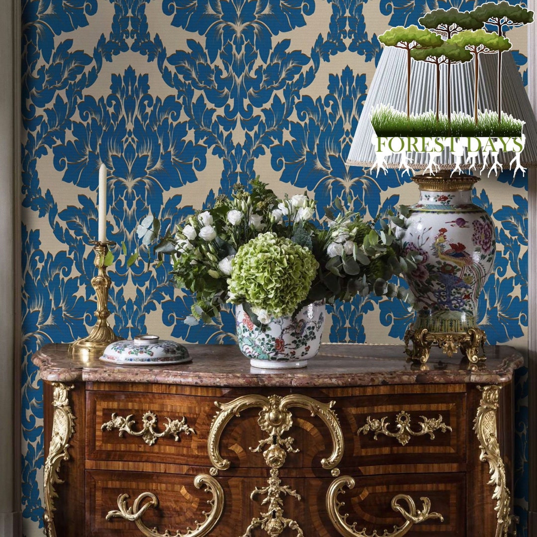 Blue Victorian Baroque Damask Wallpaper, Vintage Style Retro Design for ...