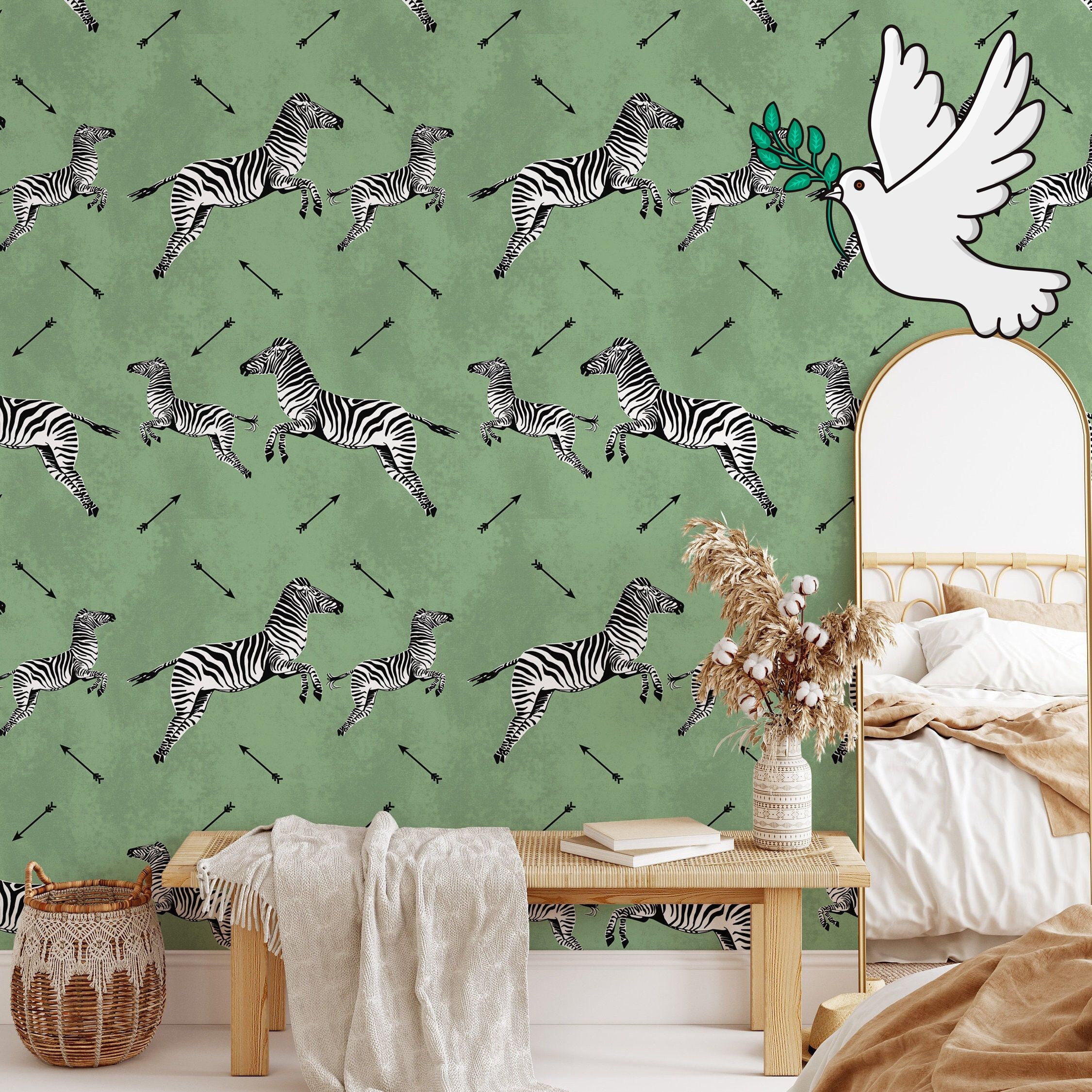 Green Flying Zebra Wallpaper, Zebras Wall Decor, Jumping Zebra Wallpaper