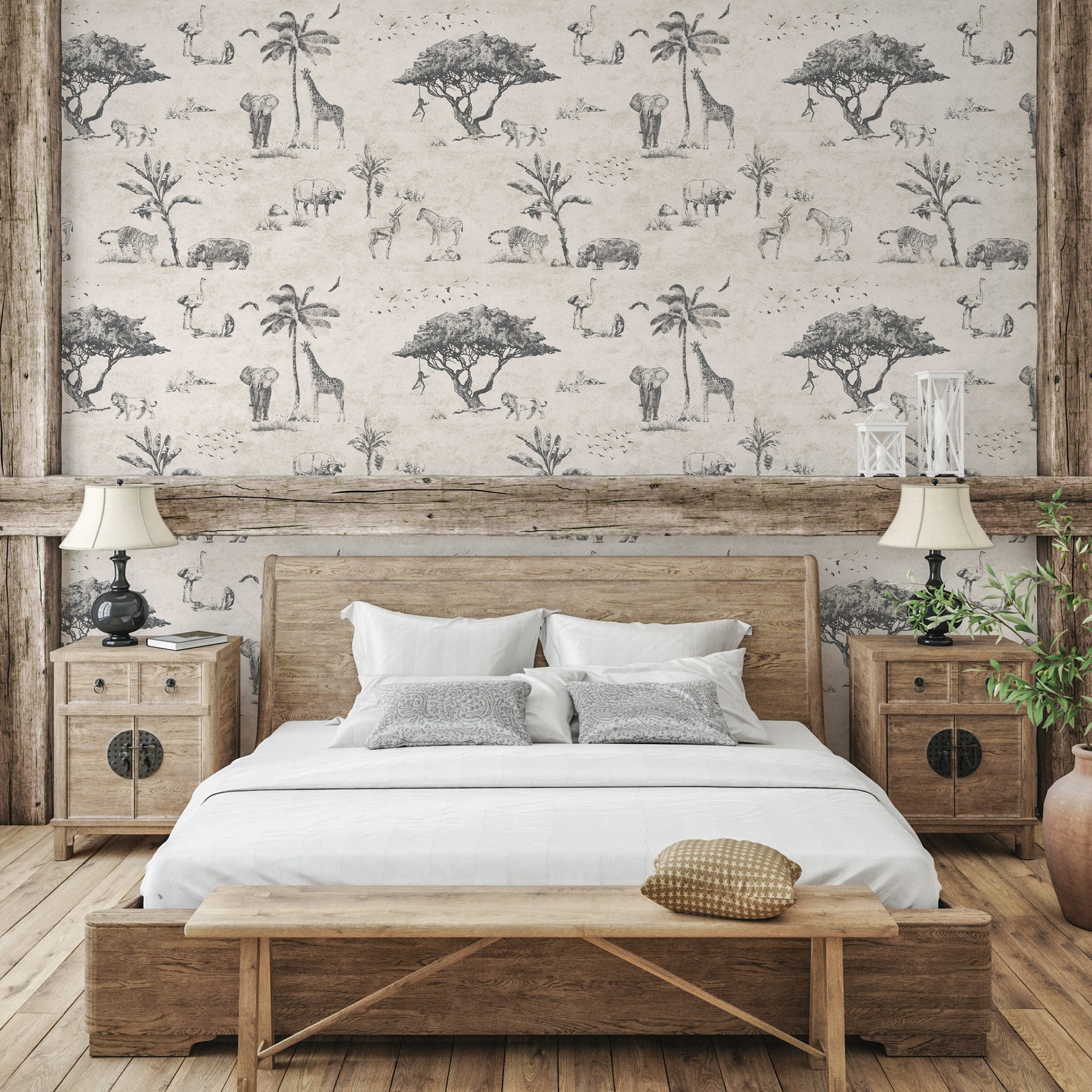 Safari Wallpaper With Wild Animal, African Forest Wall Mural, Exotic ...