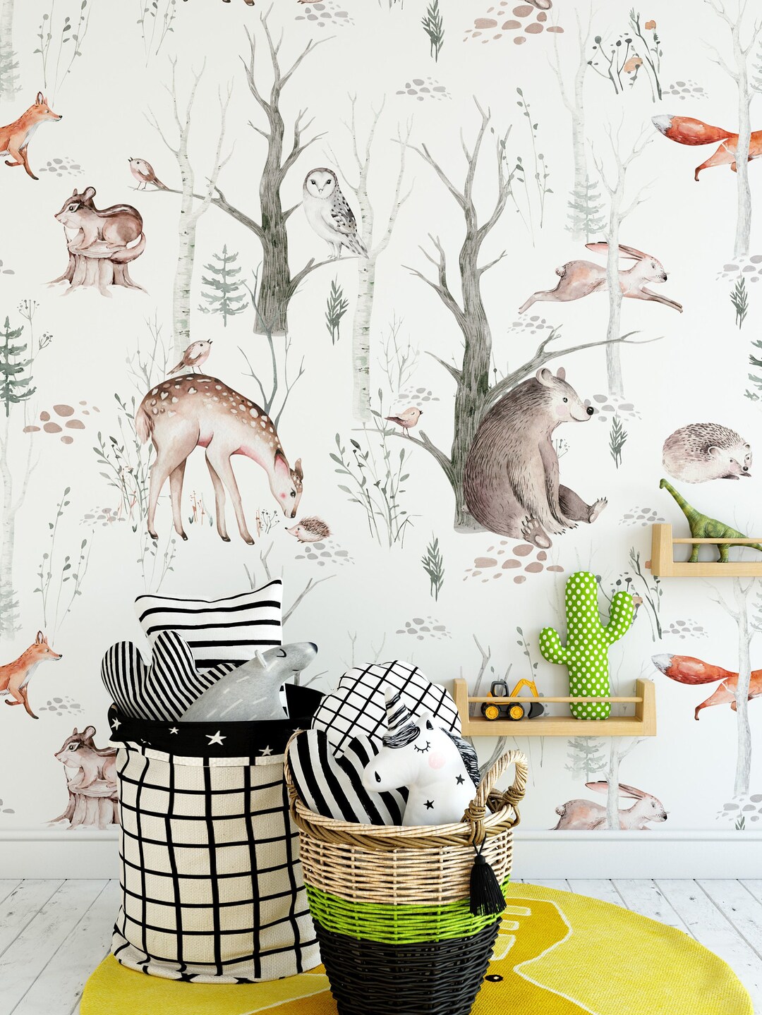 Watercolor Animals Woodland Wallpaper for Nursery Decor, Kids Room ...