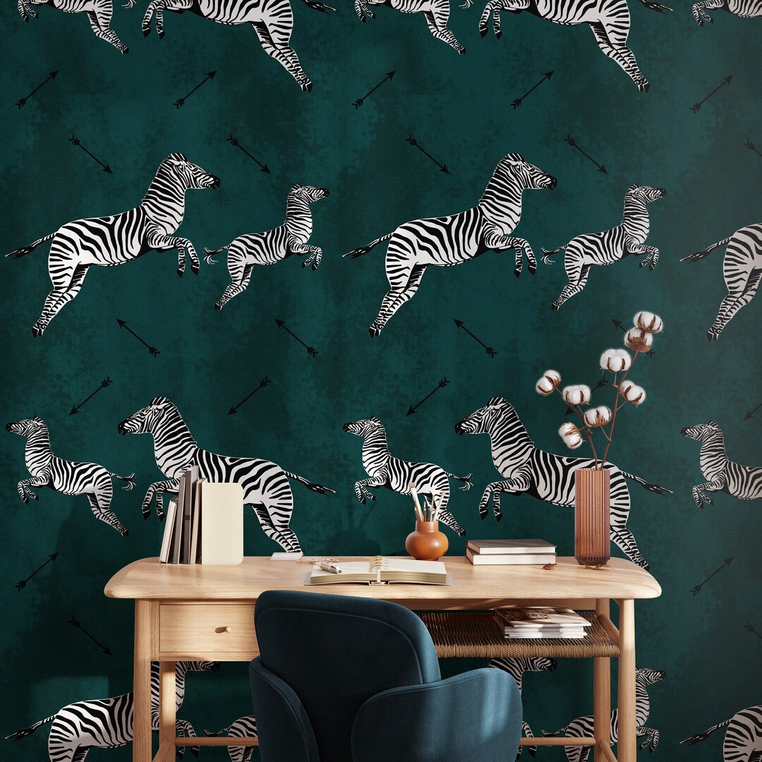 Zebra With Arrow Wallpaper, Savanna Animals Wall Mural, Green Flying ...