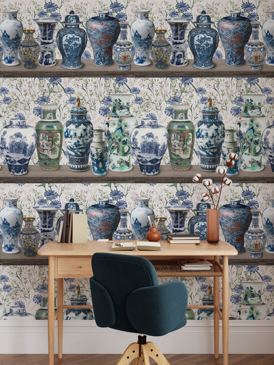 Chinoiserie Wallpaper With Ming Vases Blue and White Vintage - Etsy