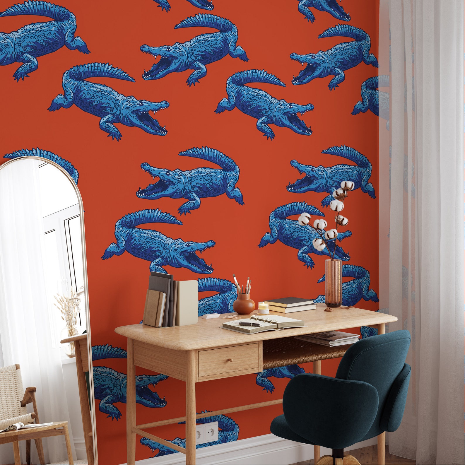 Orange Whimsical Crocodiles Wallpaper, Funky Wall Decor - Etsy