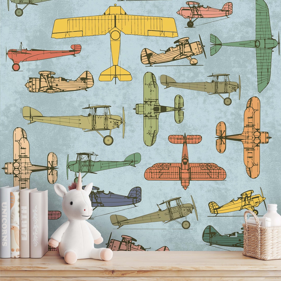 Whimsical Vintage Airplanes Wallpaper - Bright Playful Decor for Kids ...