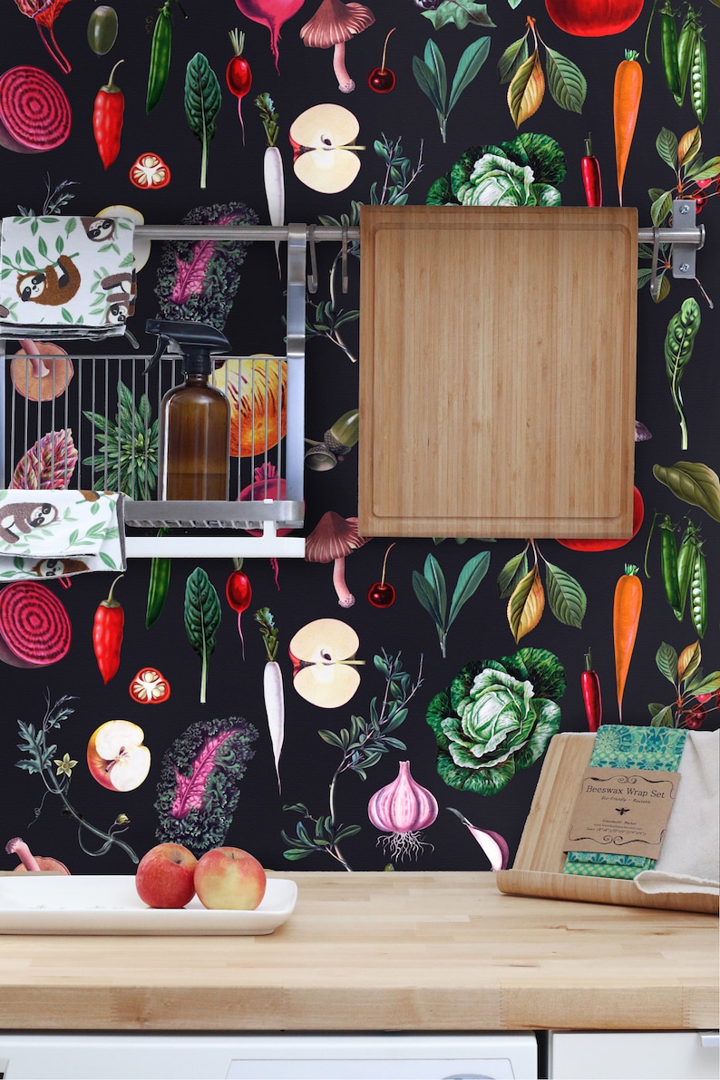 Food Ingredients Restaurant Wallpaper, Retro Kitchen Veggie Wall Decor ...