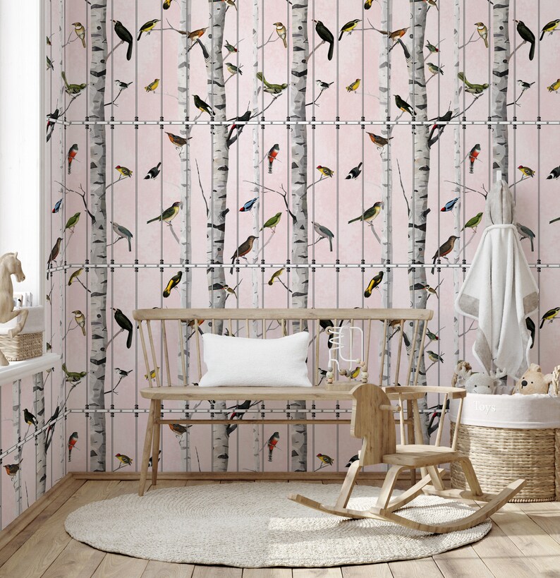 Vintage Birds Wallpaper With Hand Drawn Birds in Cages Birch - Etsy