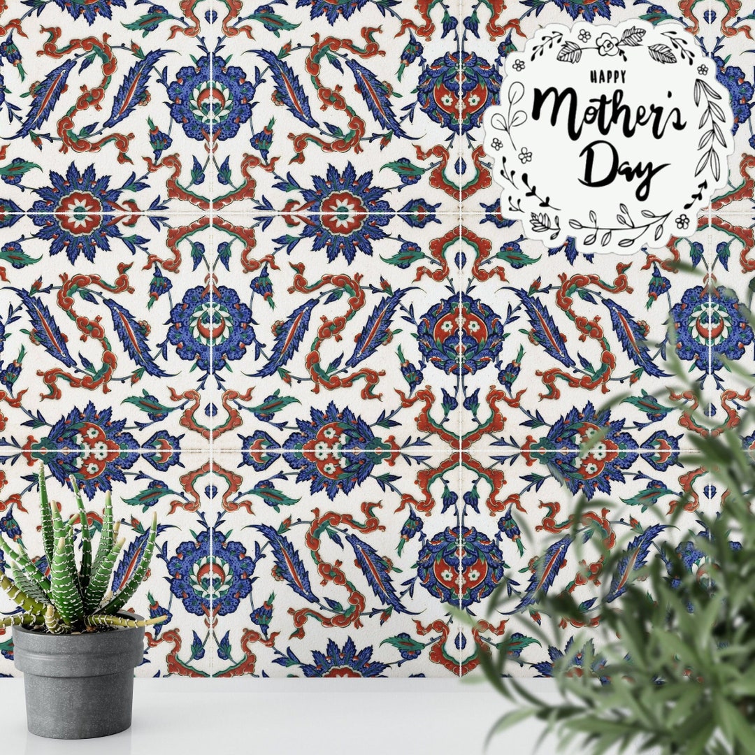 Talavera Tile Wall Decor, Kitchen Removable Wallpaper With Blue and Red ...