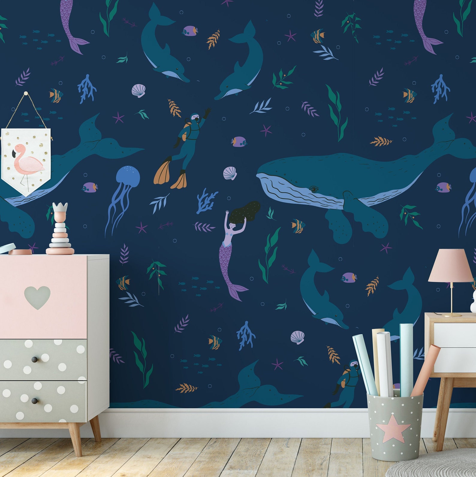 Mermaids Wallpaper With Whales Diving Beauties Wall Art in - Etsy