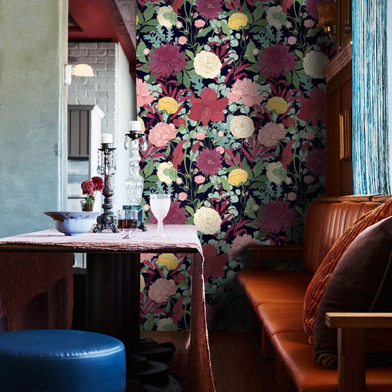 Whimsical Red Floral Wallpaper Vintage Field Flower Funky | Etsy