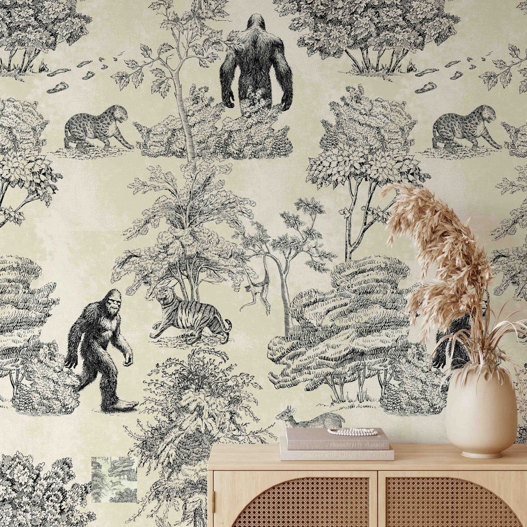 Mystical Bigfoot Toile De Jouy Wallpaper, Enchanted Forest Scenes ...