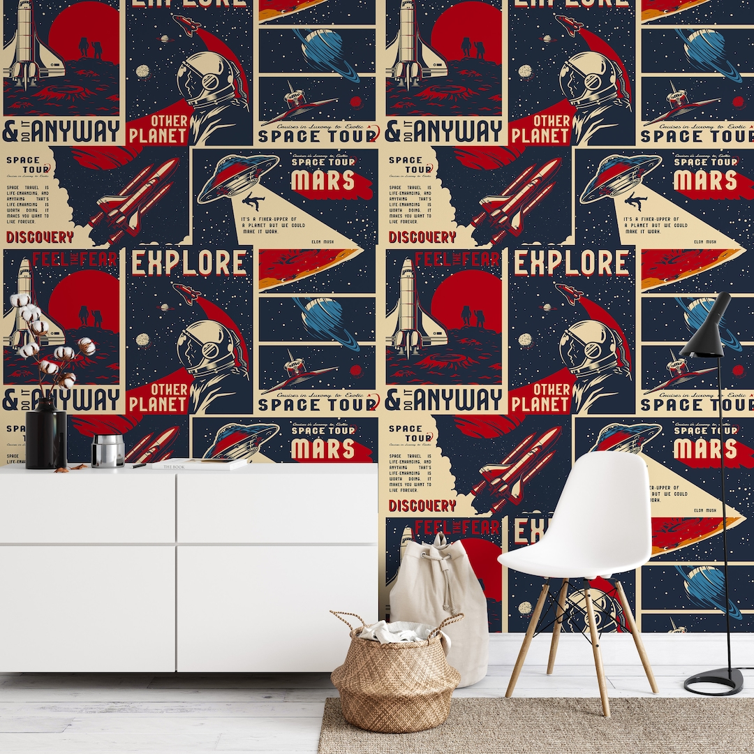 Retro Space Illustration Wallpaper, NASA Wall Decor With Astronauts ...