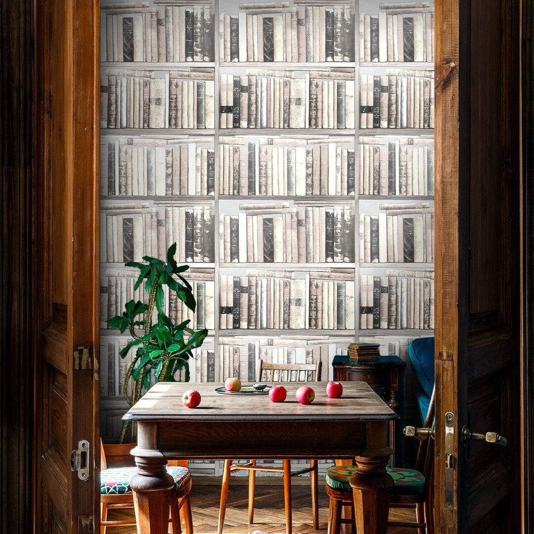 Vintage Books Wallpaper on White Bookcase, Home Office Decor, Book ...