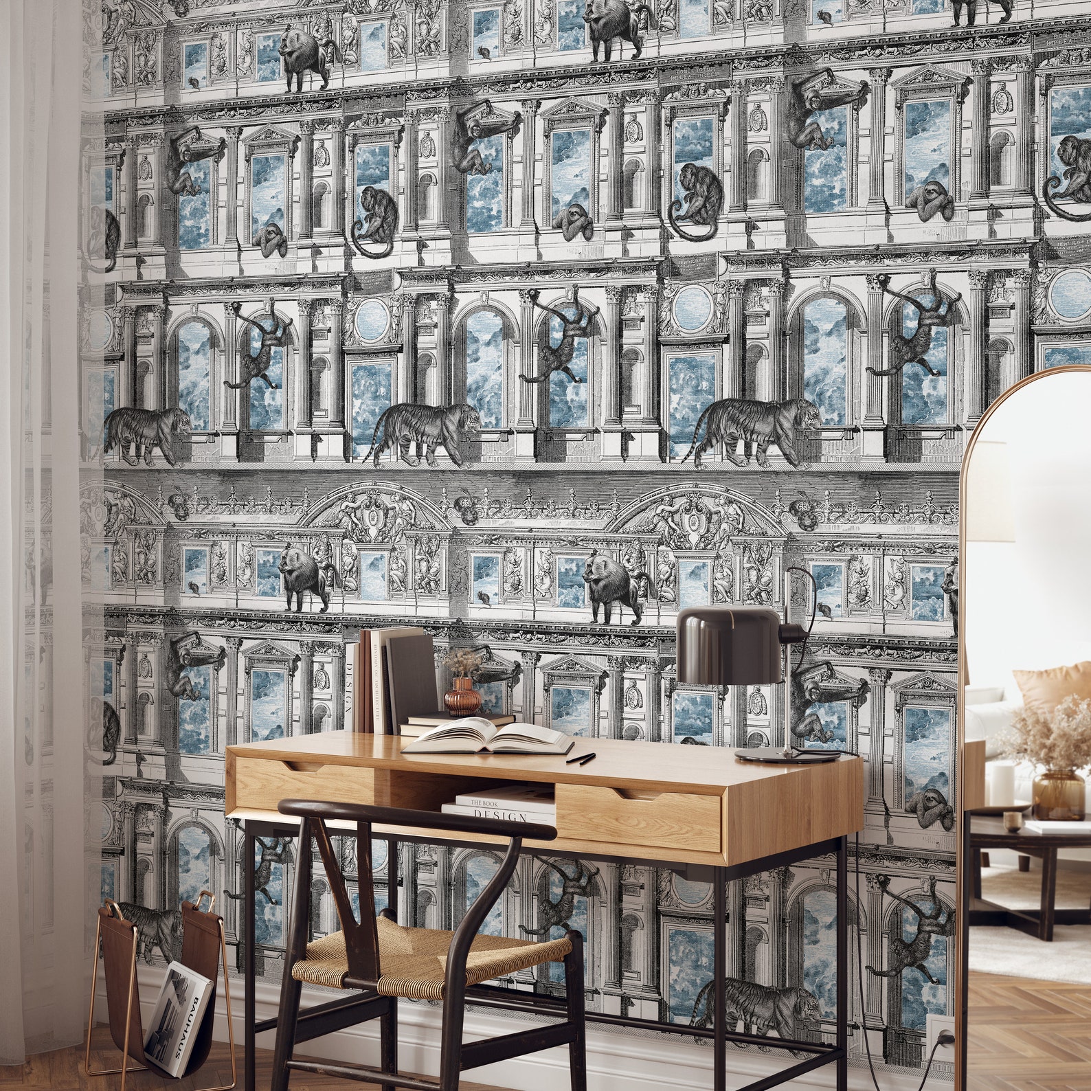Monkeys on Classic Building Engraved Wallpaper, Retro Design Etching ...
