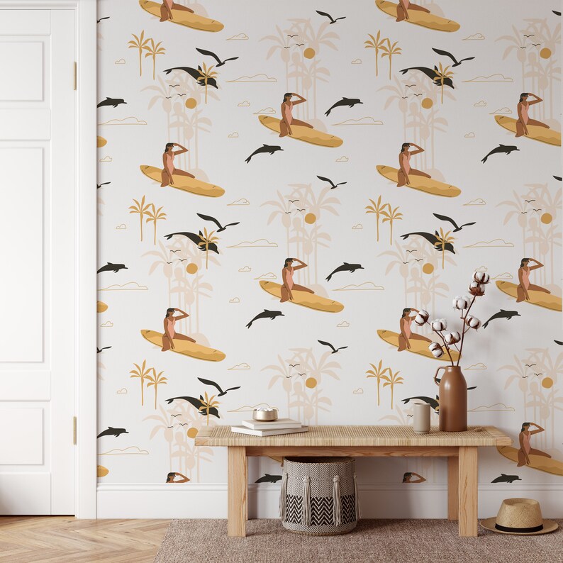 Boho Surf Girl Wallpaper Tropical Beach Surfing Wall Decor - Etsy