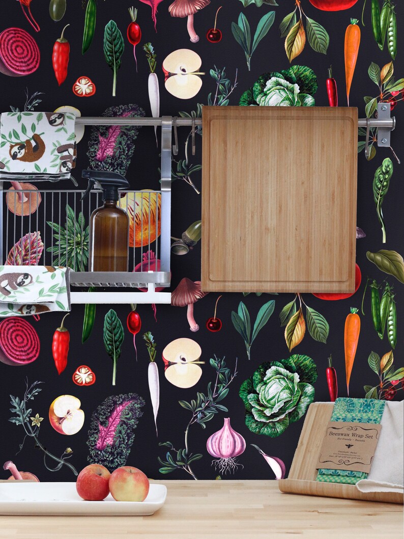 Vintage Vegetables Kitchen Wallpaper Retro Kitchen Veggie - Etsy