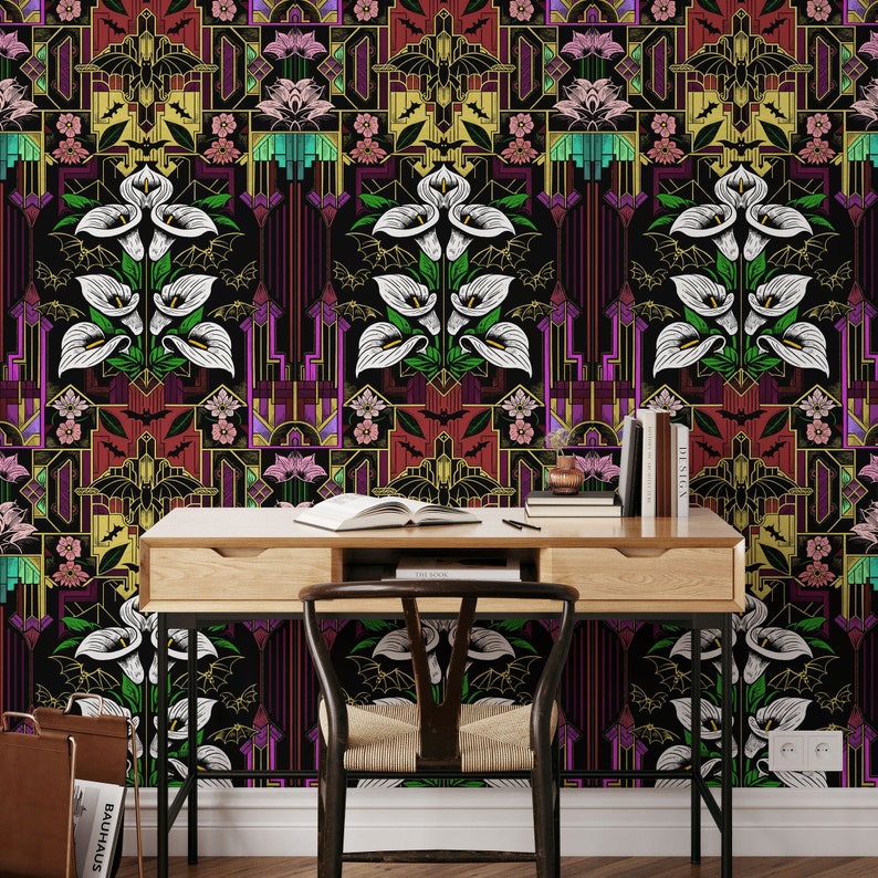 Art Deco Wallpaper - Gothic Bats & Floral Design in Burgundy and Gold ...