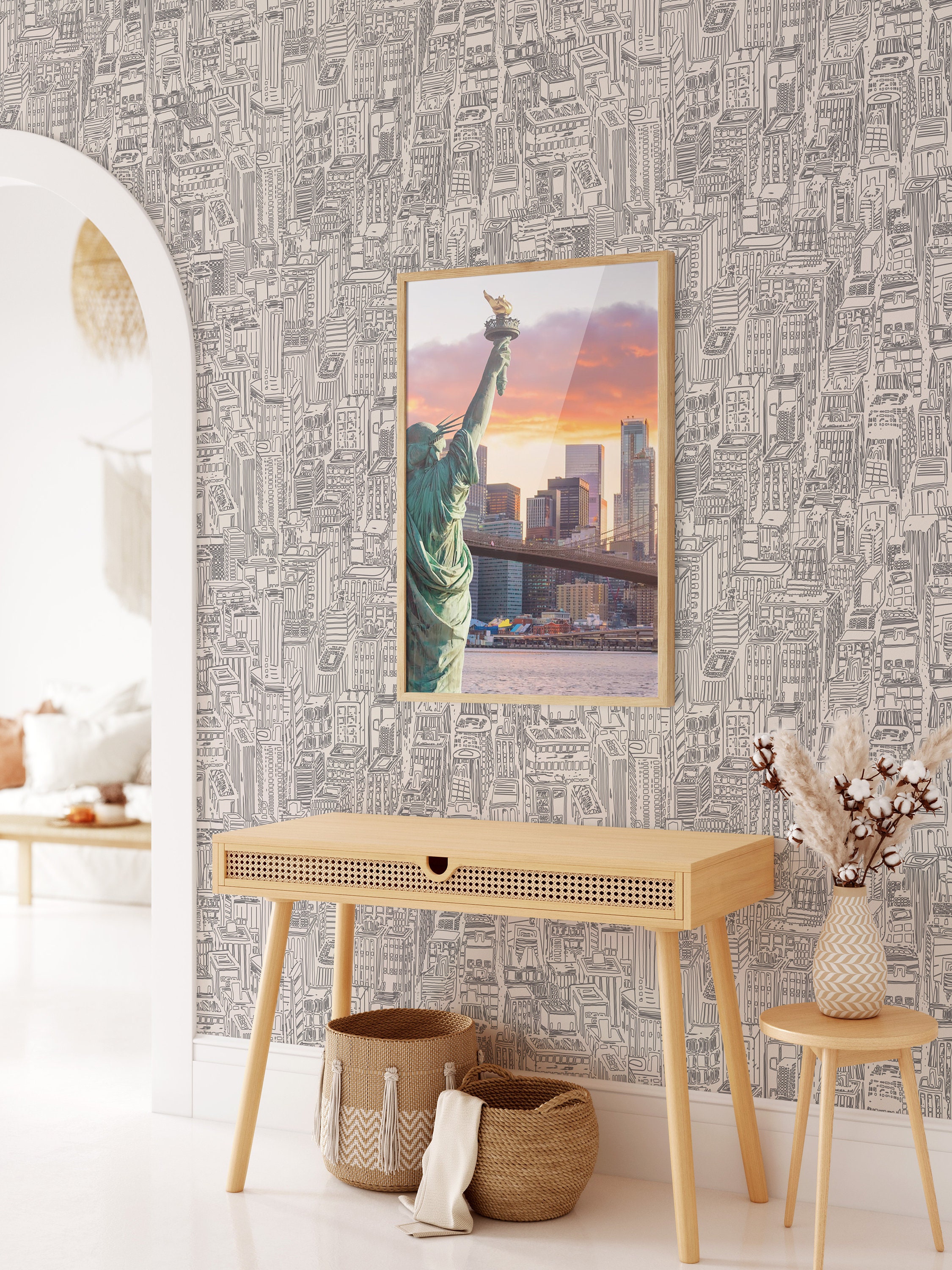 Skyscrapers Pattern New York City Buildings Hand Drawn Wallpaper, Black ...