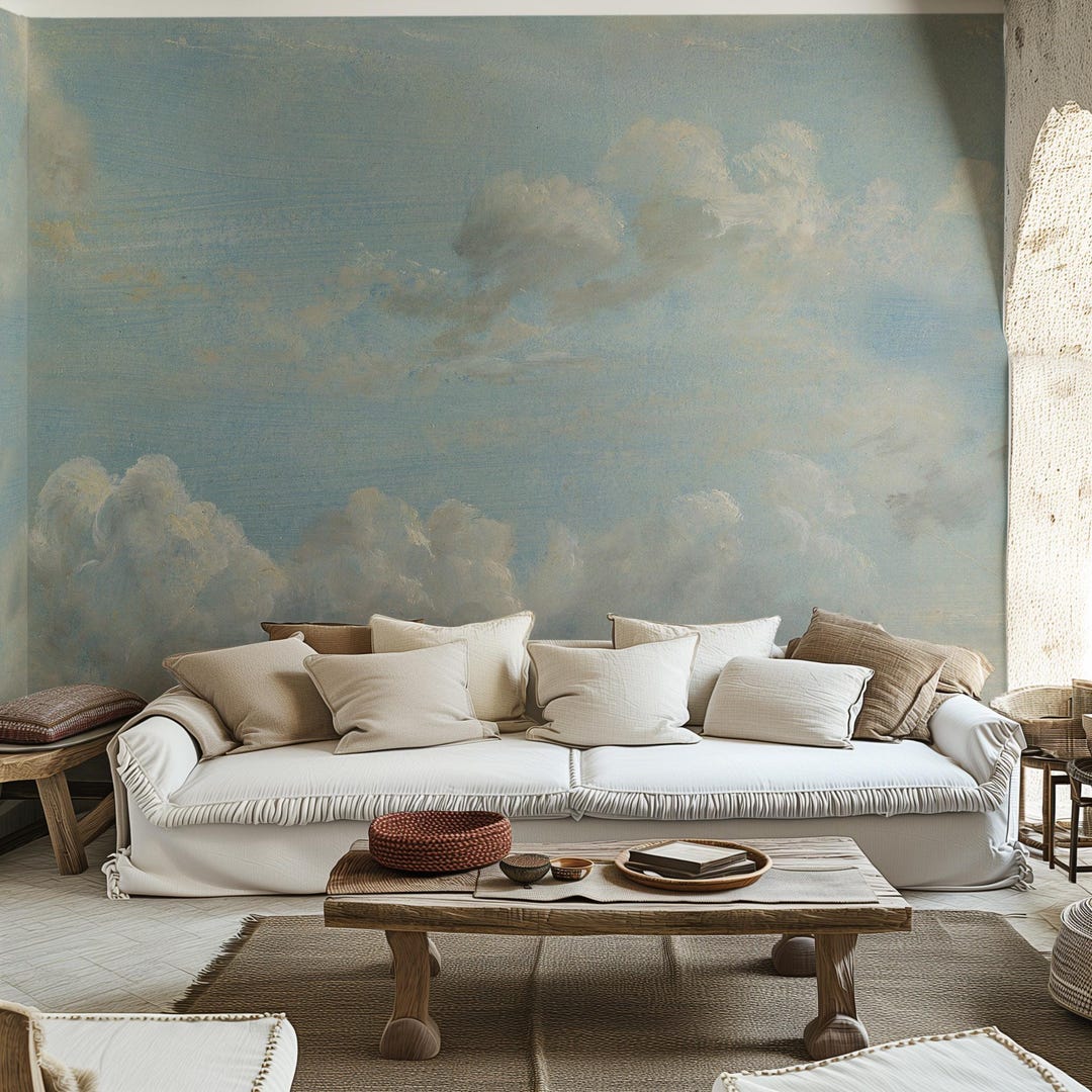 Painterly Sky and Cloud Wallpaper | Vintage Blue Skyscape Mural ...