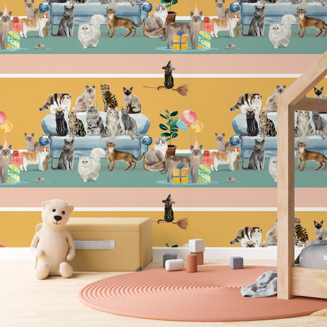 Cats Wallpaper for Kids and Nursery With Cute Animals Curious - Etsy