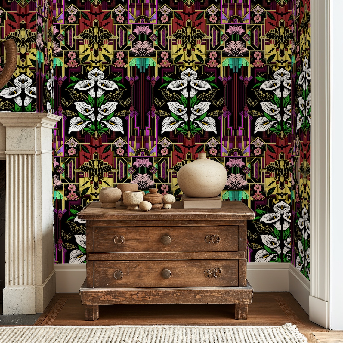 Art Deco Wallpaper - Gothic Bats & Floral Design in Burgundy and Gold ...