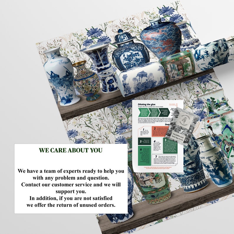 Chinoiserie Wallpaper With Ming Vases Blue and White Vintage - Etsy