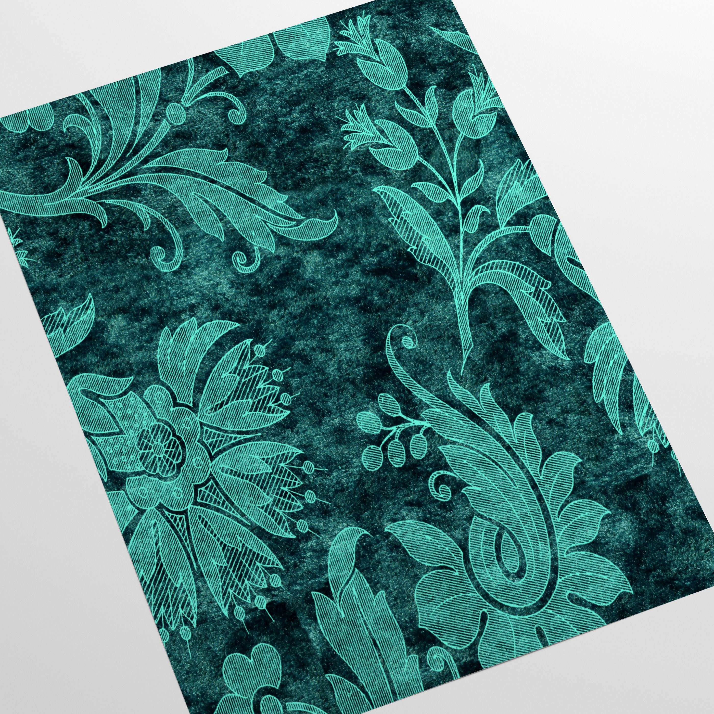 Classic Decor Turquoise Damask Wallpaper, Antique Victorian fabric texture