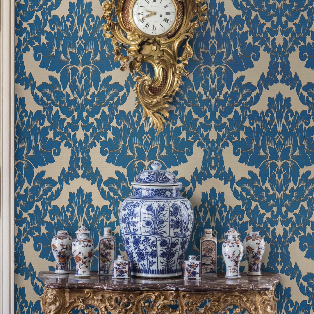 Blue Victorian Baroque Damask Wallpaper, Vintage Style Retro Design for ...
