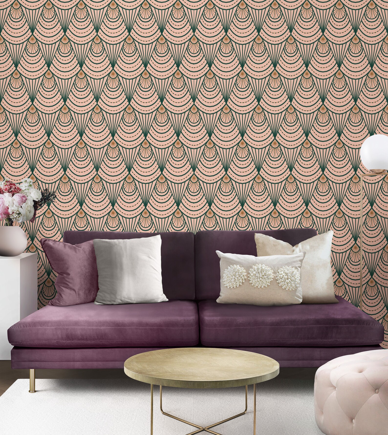 Pink and Green Folding Fan Art Deco Wallpaper, Geometric Pattern Mid ...
