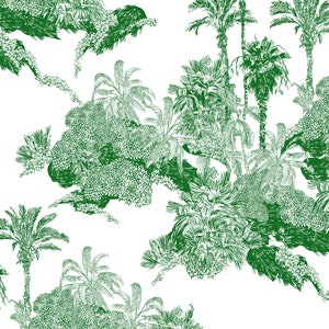 Tropical Landscape Toile Wallpaper in Green and White, Palm Tree Modern ...
