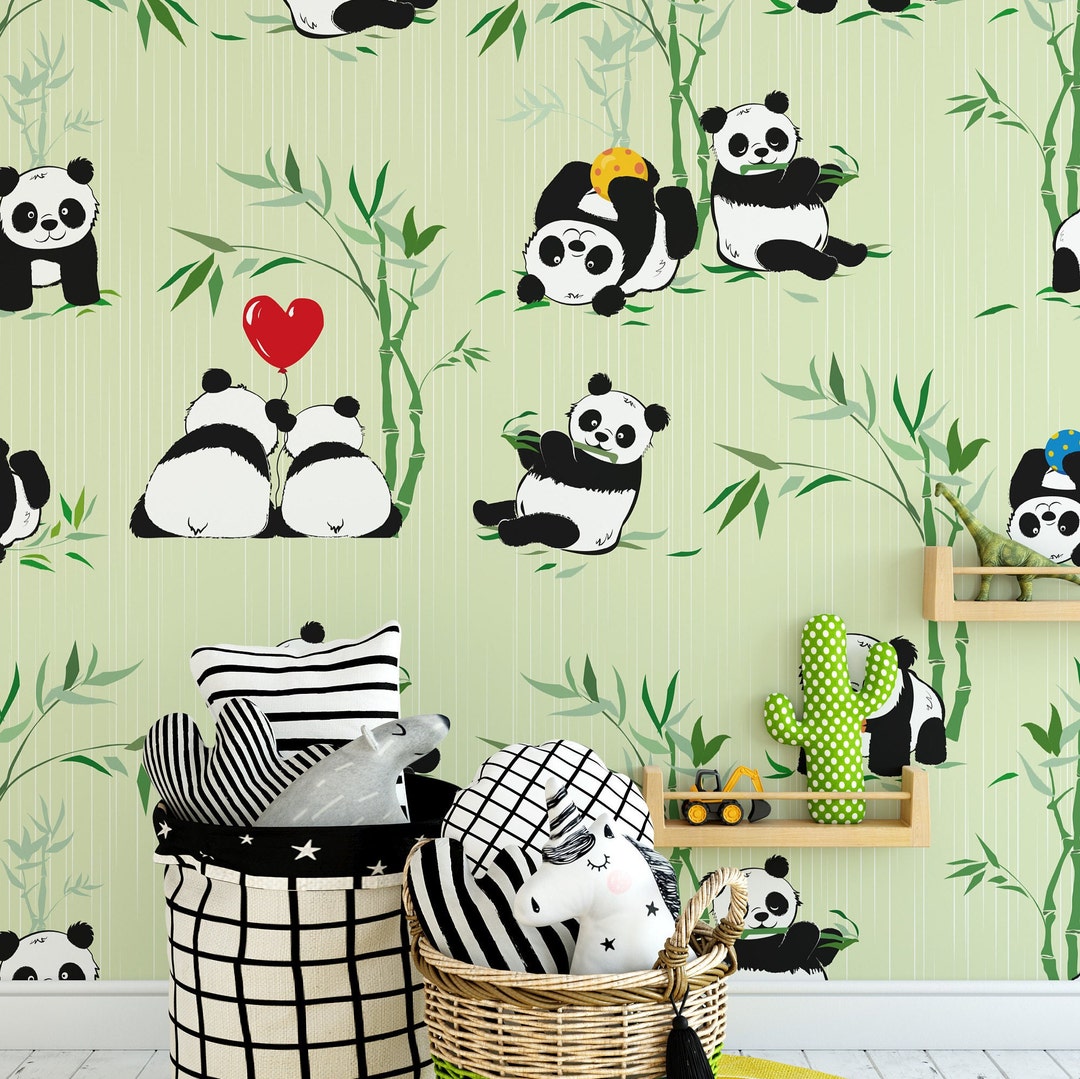 Kids Room Wallpaper With Cute Pandas and Bamboo Trees, Panda Wall Art ...