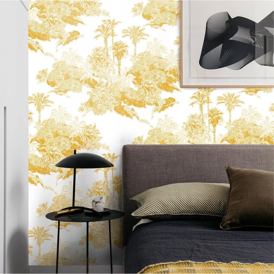 French Toile De Jouy Jungle Wallpaper in Mustard Yellow, Toile ...