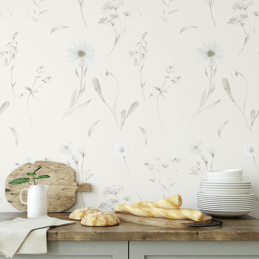 Neutral Floral Meadow Delicate Wallpaper, Light Field Flowers Bohemian ...