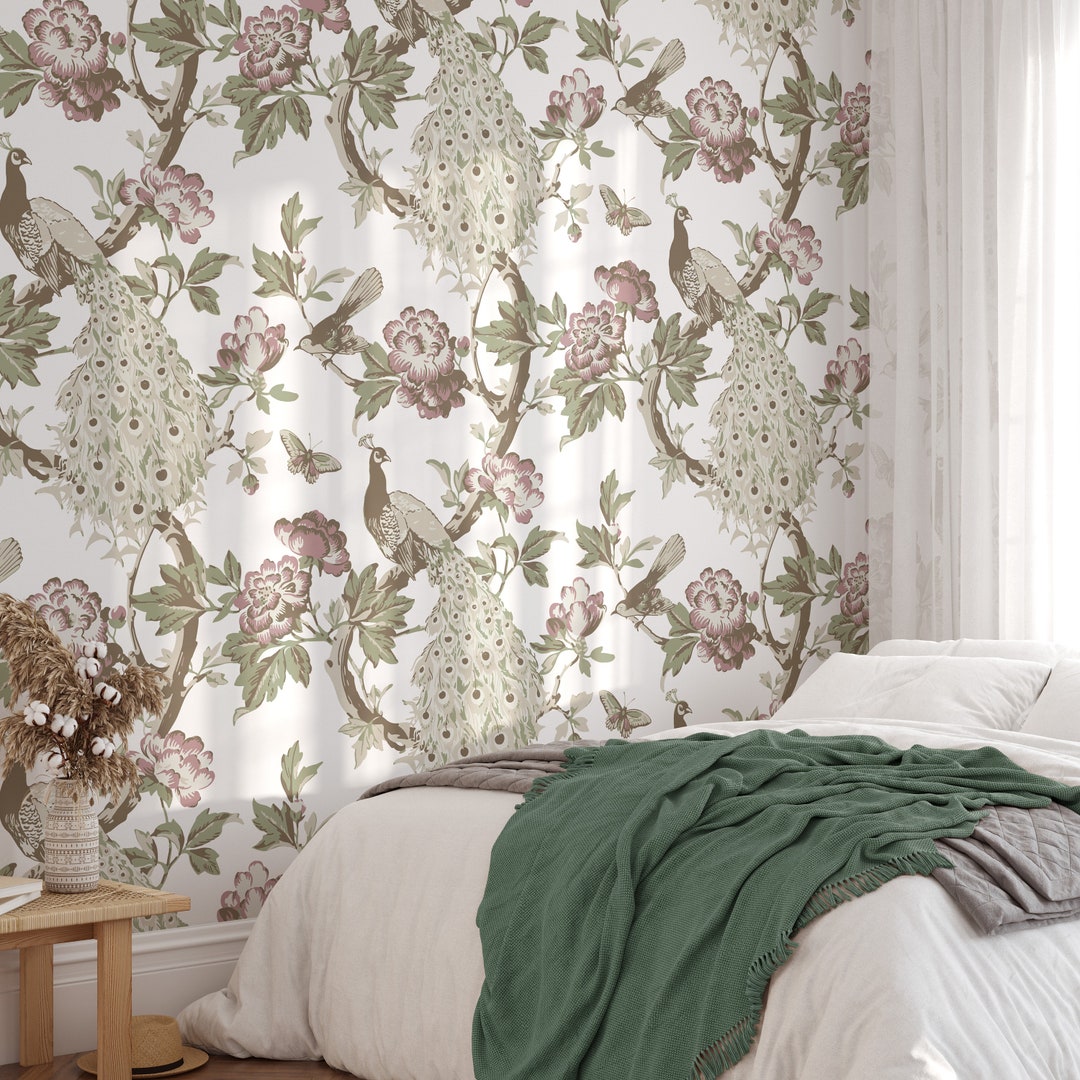 Peacock Wallpaper for Living Room Decor, Floral Birds Wall Art With ...