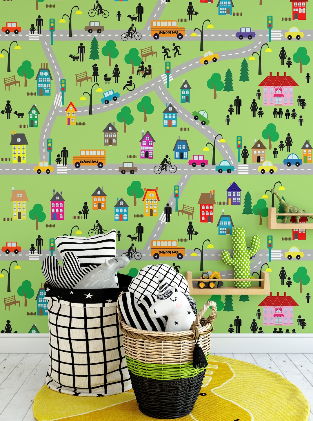 A Fun City Map Wallpaper for Kids Room Decor, Village Wall Art With ...