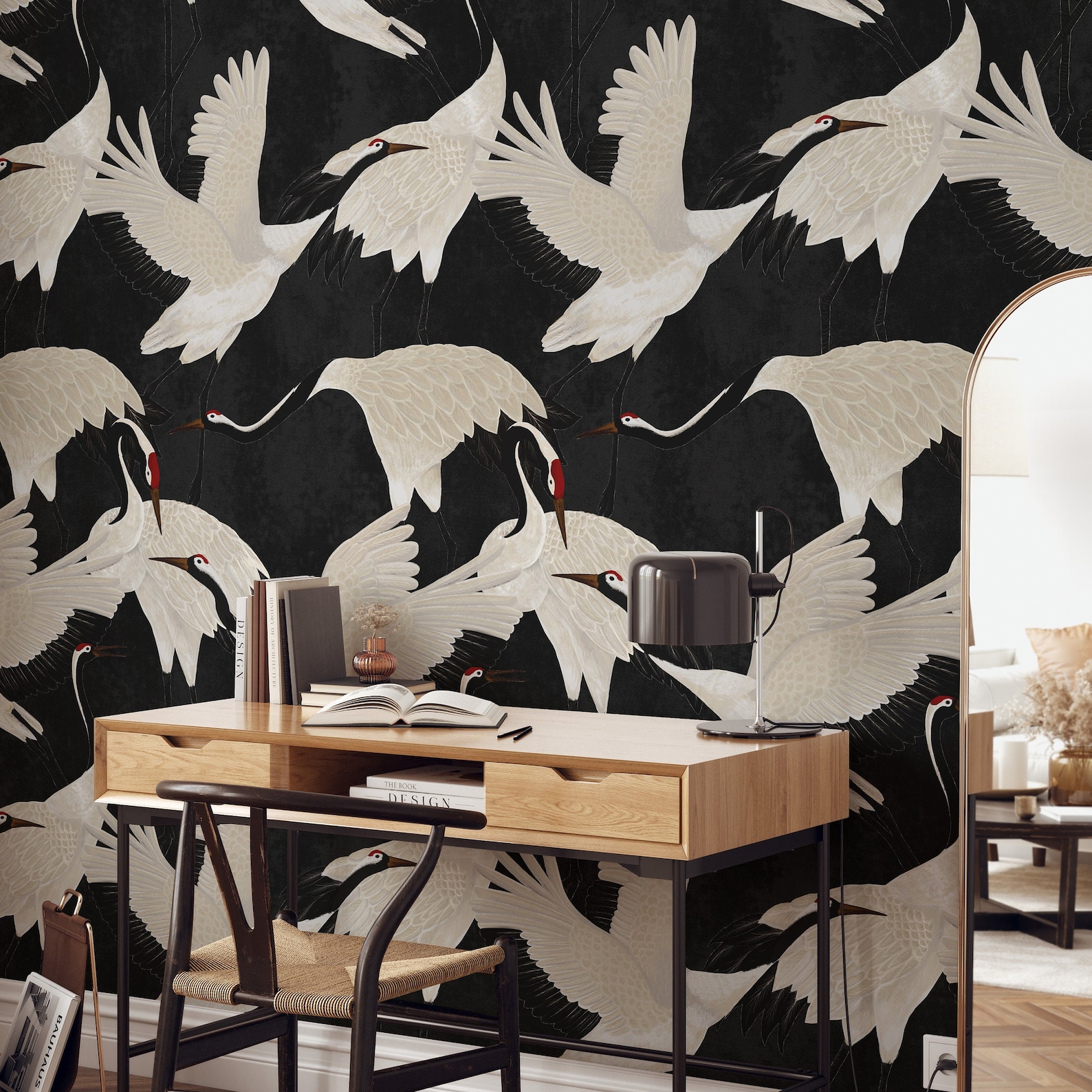 Black Heron Asian Wallpaper Chinoiserie Print Birds Wall Art - Etsy